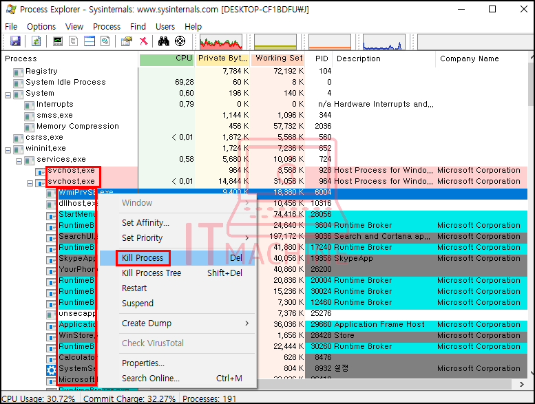 'svchost.exe' CPU 점유율 괴물! 정리하자!