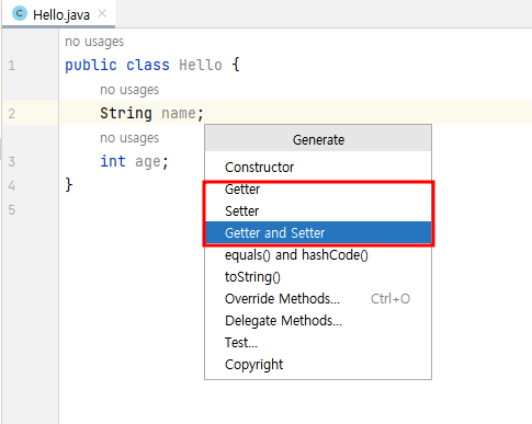 [IntelliJ] 인텔리제이 getter(), setter() 메소드 자동 생성 - 어제 오늘 내일