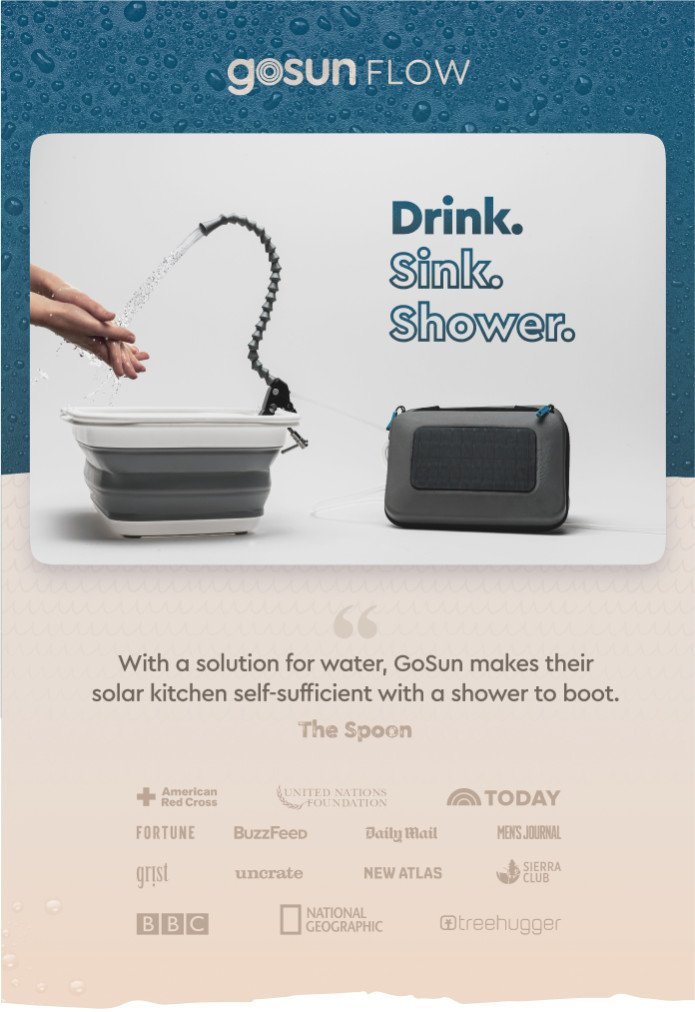 야외에서 온수 샤워가 가능한 정수 시스템 "GoSun Flow"