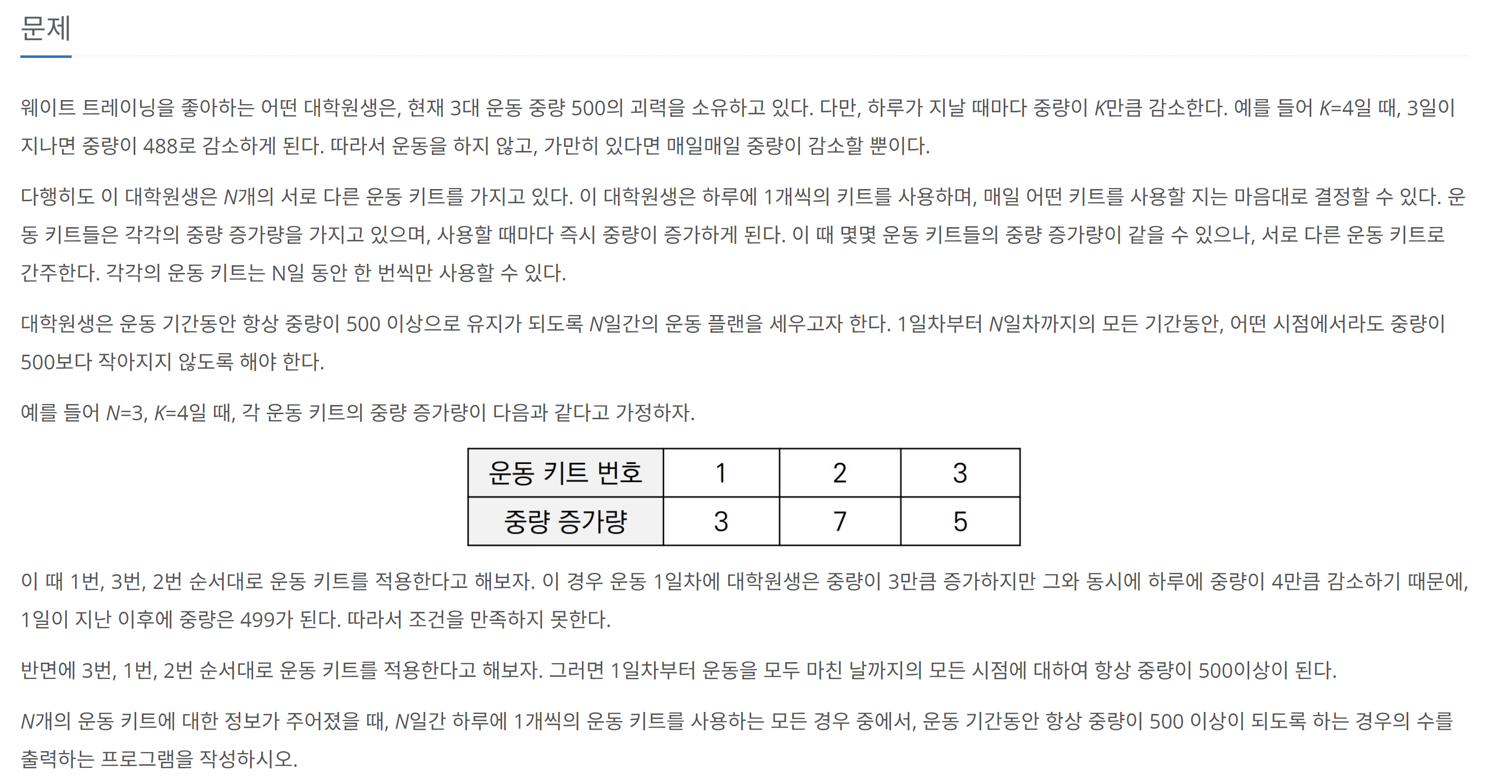 [Baekjoon 18429 / Java / 실버3] 근손실