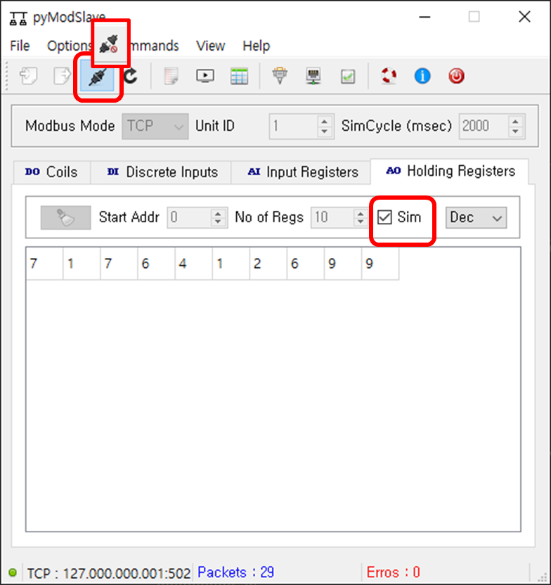 [Python][Modbus][DB] pyModSlave를 이용한 시뮬레이터 값 DB에 저장
