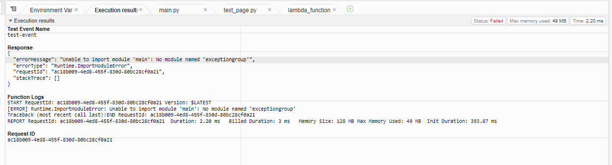 [ aws lambda error ] "Unable to import module 'main': No module named 'exceptiongroup'"