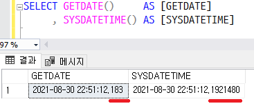 [MSSQL] 현재시간 GETDATE()와 SYSDATETIME() 차이