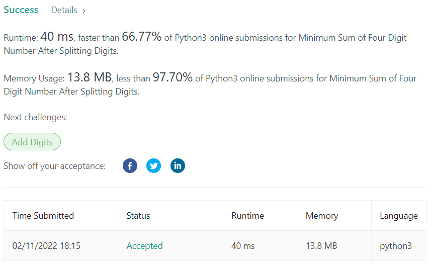 Leetcode 2160. Minimum Sum of Four Digit Number After Splitting Digits