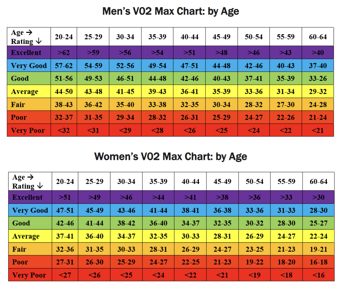 나이대별 최대산소섭취량 (VO2 Max) 데이터