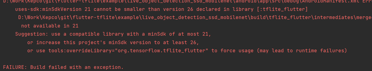 use tools:overrideLibrary="org.tensorflow.tflite_flutter" to force usage