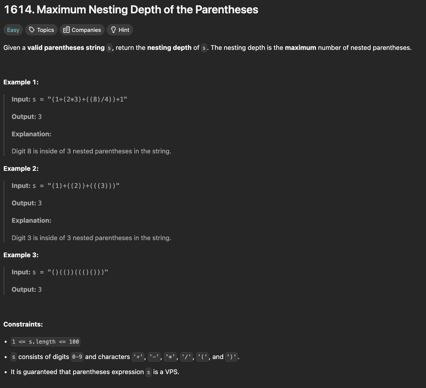 [Leetcode/Stack] 1614. Maximum Nesting Depth of the Parentheses