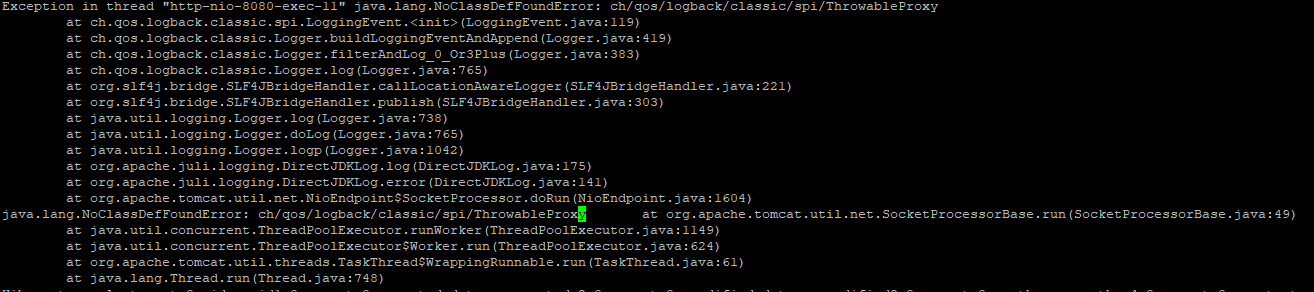 java.lang.NoClassDefFoundError: ch/qos/logback/classic/spi/ThrowableProxy 에러