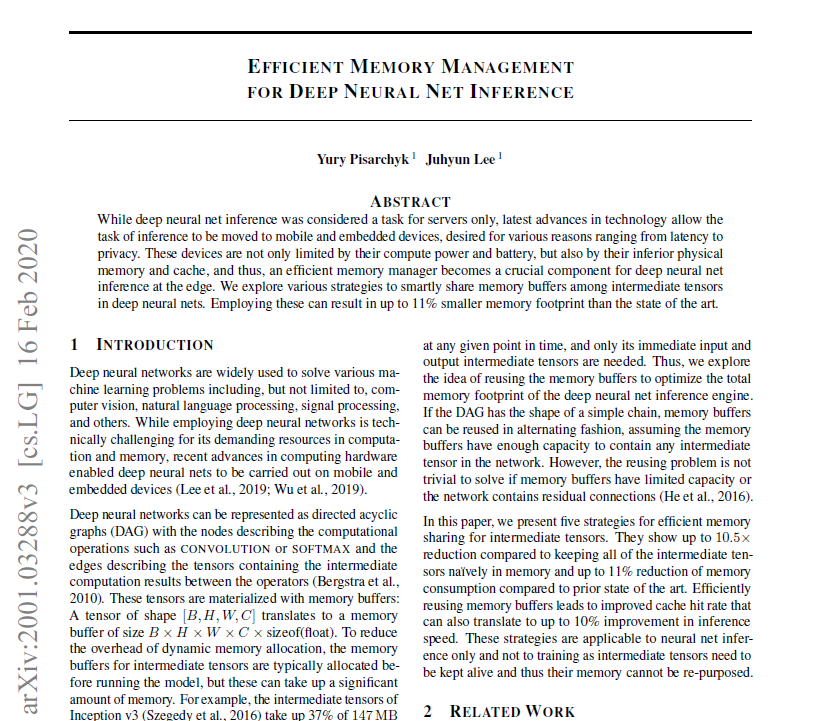Efficient Memory Management for Deep Neural Net Inference