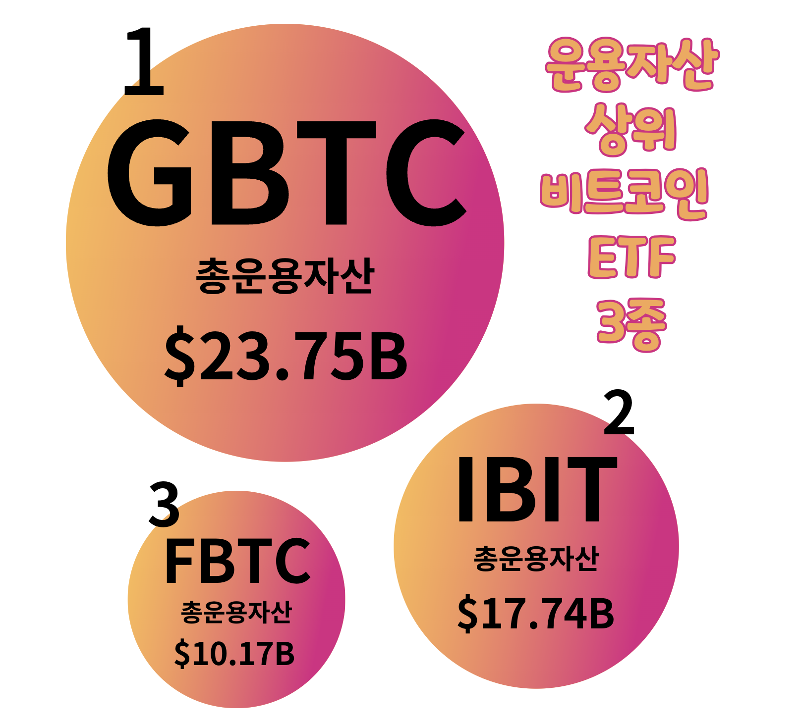미국직투 비트코인 ETF 3종 (GBTC, IBIT, FBTC) 운용자산순 — AI-SW