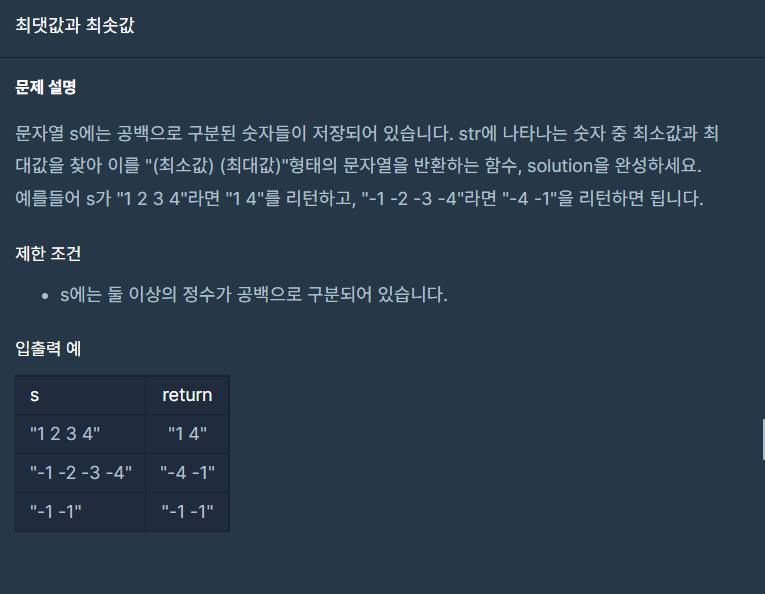 프로그래머스 02레벨 알고리즘 연습 코딩 테스트 입문 최댓값과 최솟값 자바
