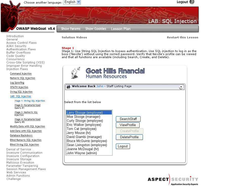 13. String SQL Injection (Webgoat)