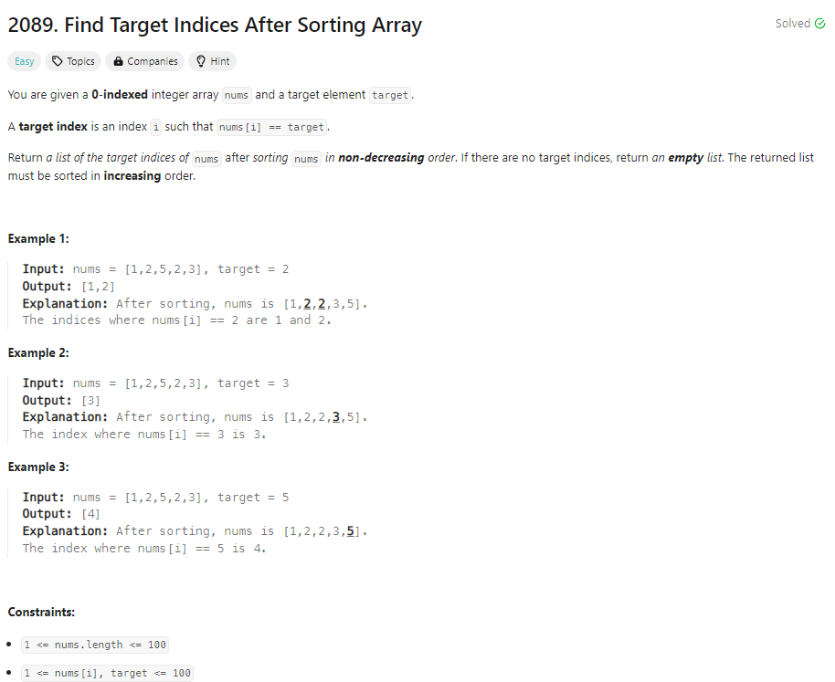 99클럽 코테 스터디 33일차 TIL (+JAVA/Find Target Indices After Sorting Array