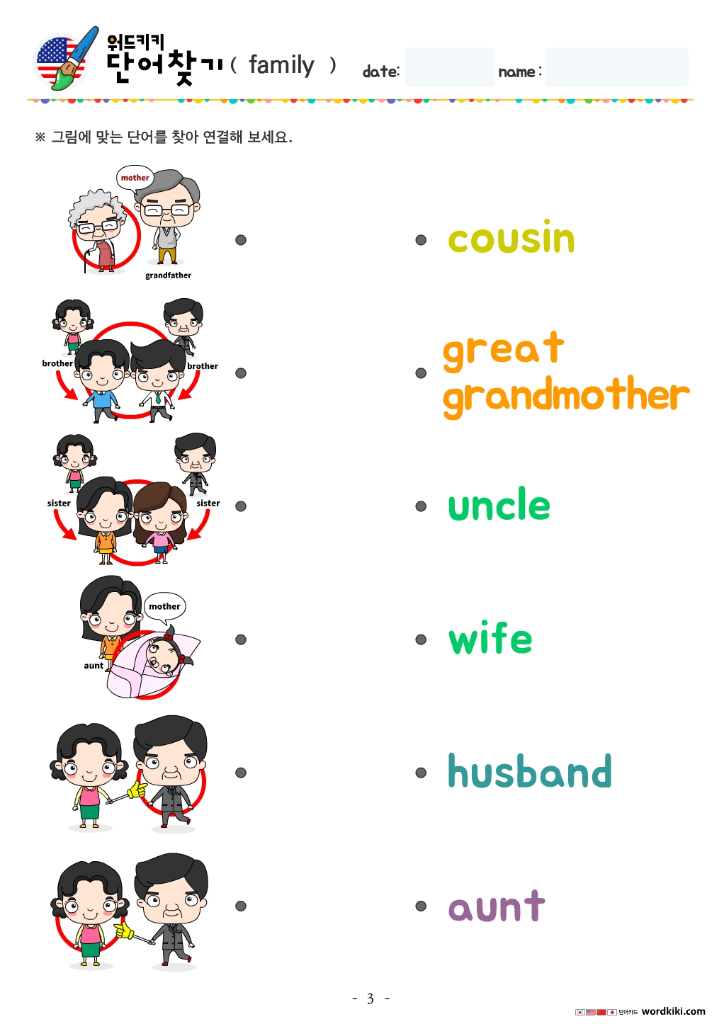 [영어 활동지 6장] 02 영어 가족 단어연결하기 – Family Matching Worksheet