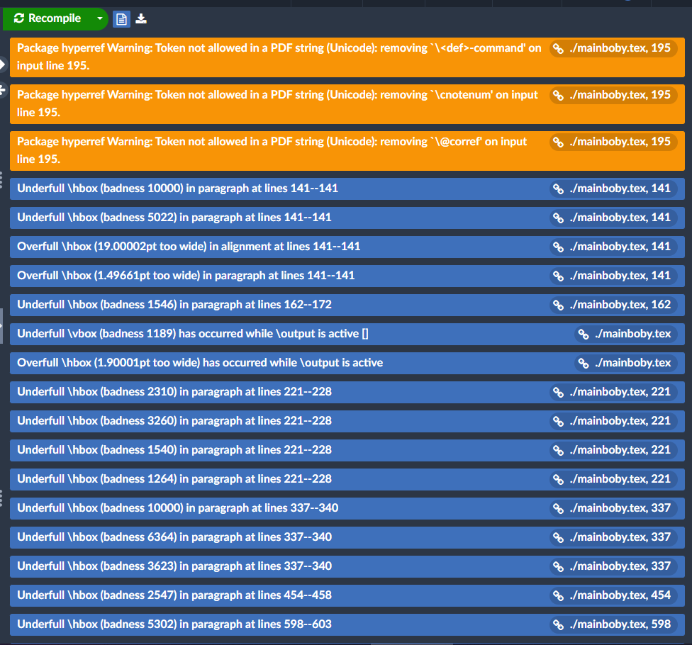 [LaTeX][에러 해결] Package hyperref Warning:~~~, Underfull \hbox ~~~, Overfull \hbox