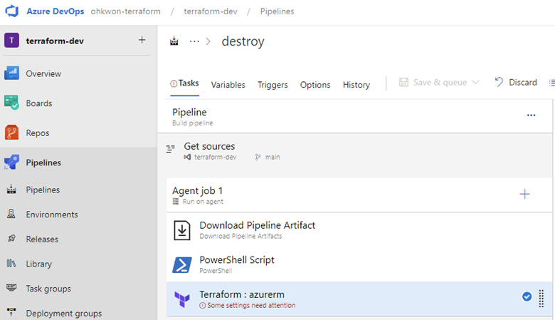 Azure DevOps를 사용하여 Terraform 파이프라인 만들기 - destroy