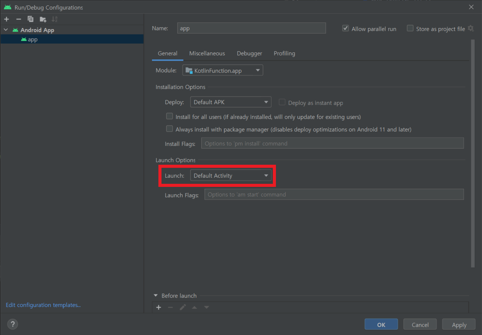 Android Studio # Error running 'app': The activity must be exported or ...