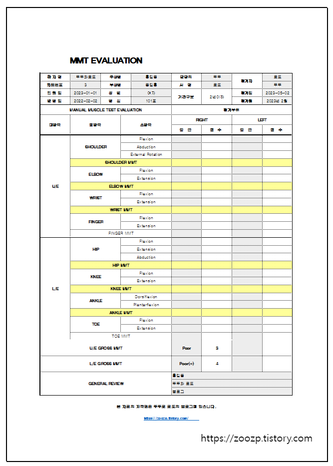 MMT(Manual Muscle Testing Grading Scale) 도수 근력 검사 평가 방법과 목적 및 최신 평가지 작성 요령
