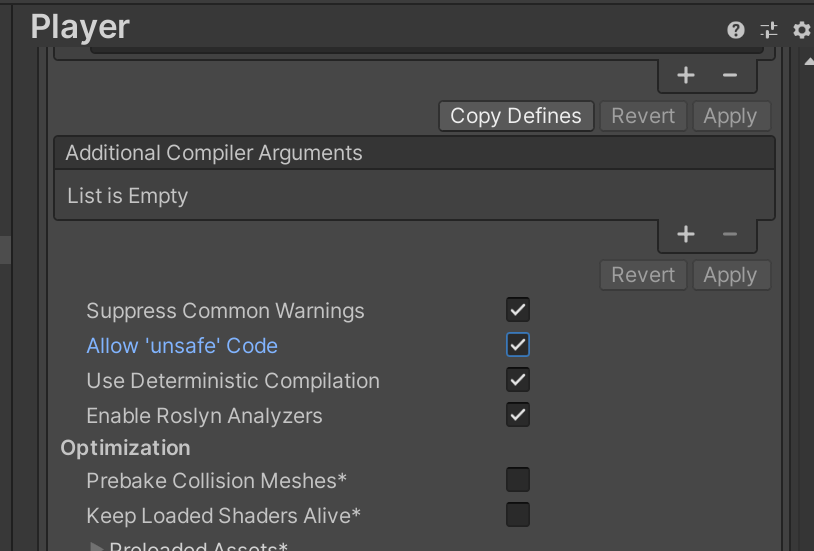 유니티 unsafe code allow 하기
