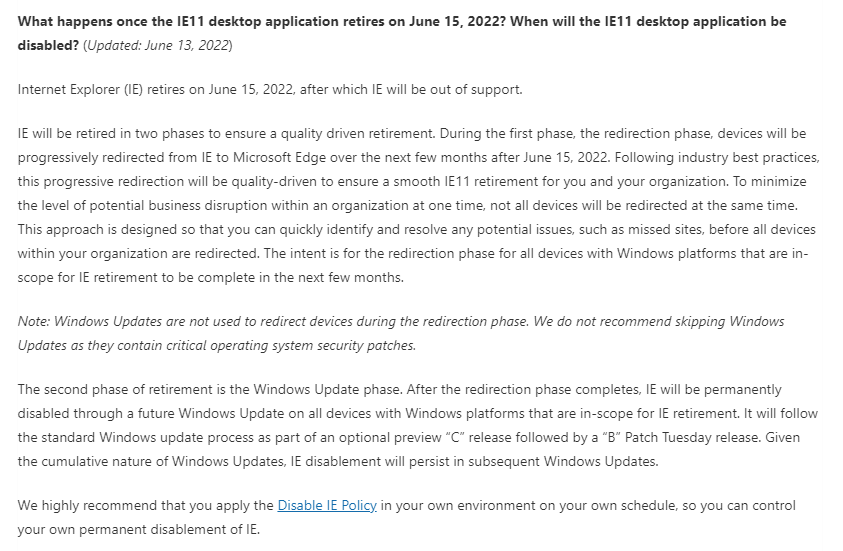 MS에서 공지한 Internet Explorer 실제 사용 중단 시점