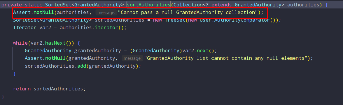 [Spring Security] Cannot pass a null GrantedAuthority collection