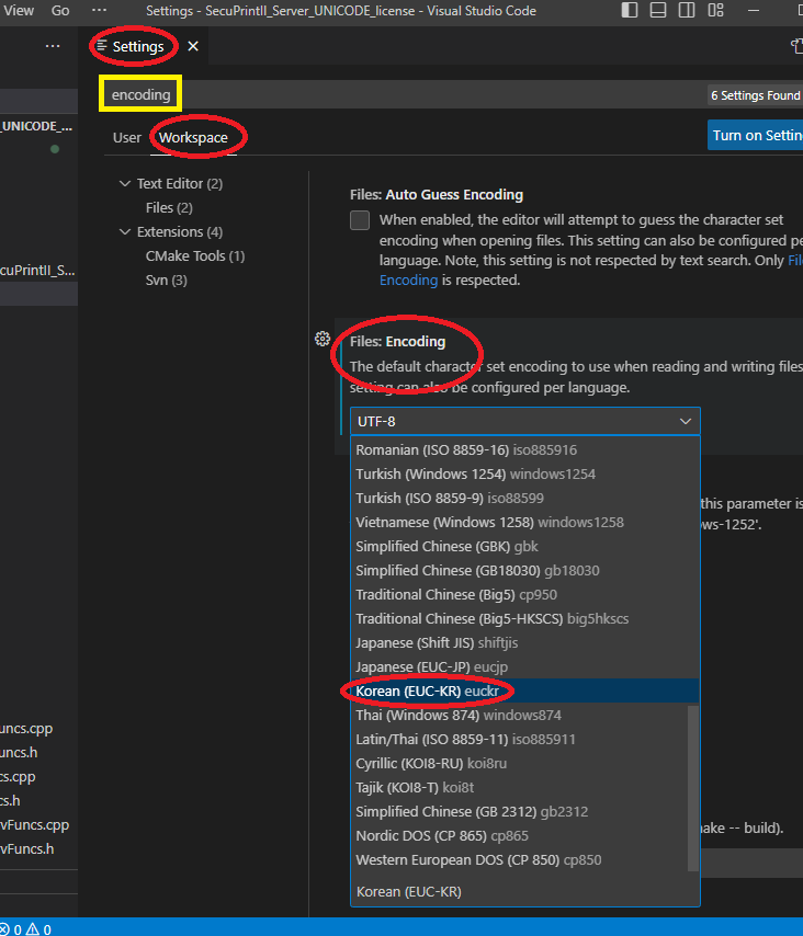VSCODE 로 visual studio 의 c/cpp 프로젝트 소스코드를 볼 때 인코딩이 깨진다