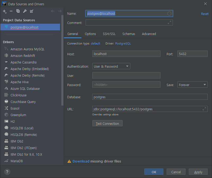 PostgreSQL 환경설정 Intellij로 connect하기 + java code로 실행하기 :: 점심 나가서 먹는 사람