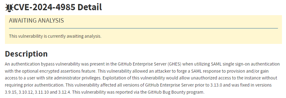 GitHub Enterprise Server 인증 우회 취약점 (CVE-2024-4985) :: 꼰머의 보안공부