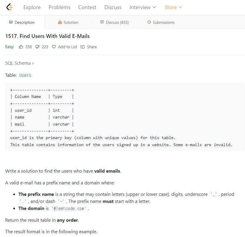 Leetcode 1517 Find Users With Valid E Mails Mysql Easy Substringindex Regex정규표현식
