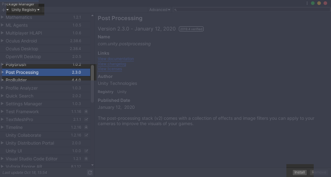 유니티 포스트 프로세싱 적용
