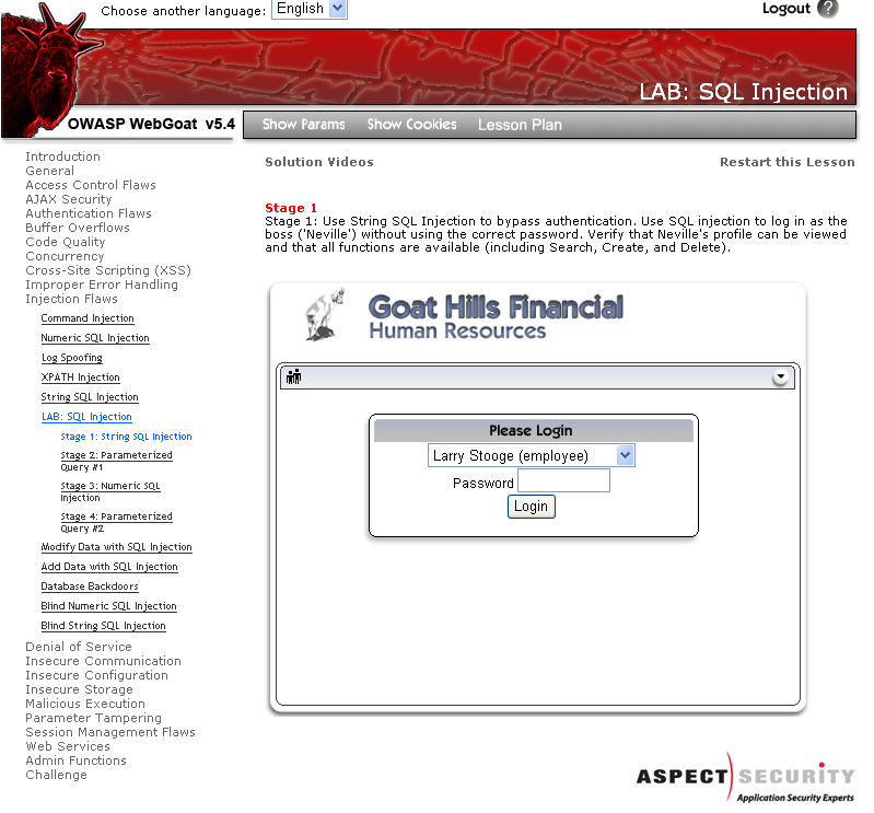 13. String SQL Injection (Webgoat)