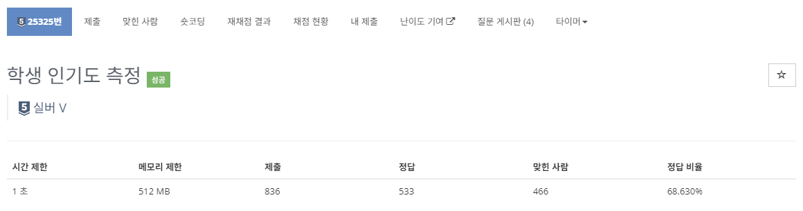 [ BOJ ] 25325 : 학생 인기도 측정 ( SILVER 5 ) / Python