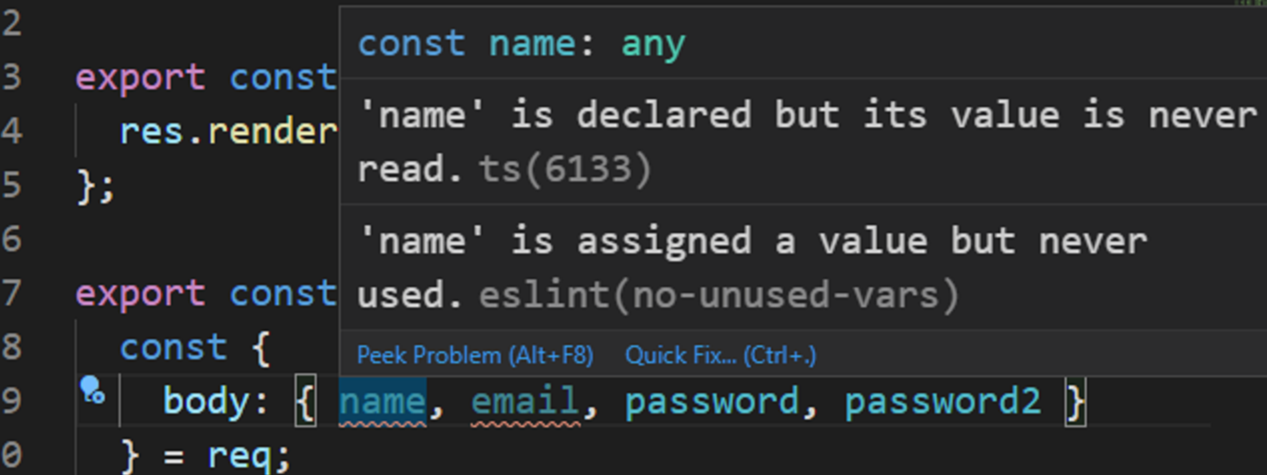 JavaScript | 'name' is declared but its value is never read.