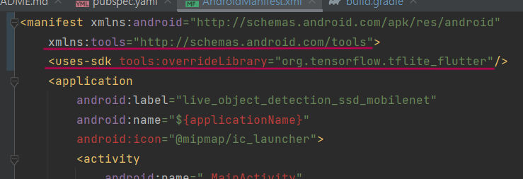 use tools:overrideLibrary="org.tensorflow.tflite_flutter" to force usage