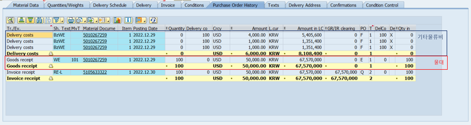 구매오더 입고와 이동평균가(T-Code: CKM3N, 그리고 PO ME23N의 상관관계)
