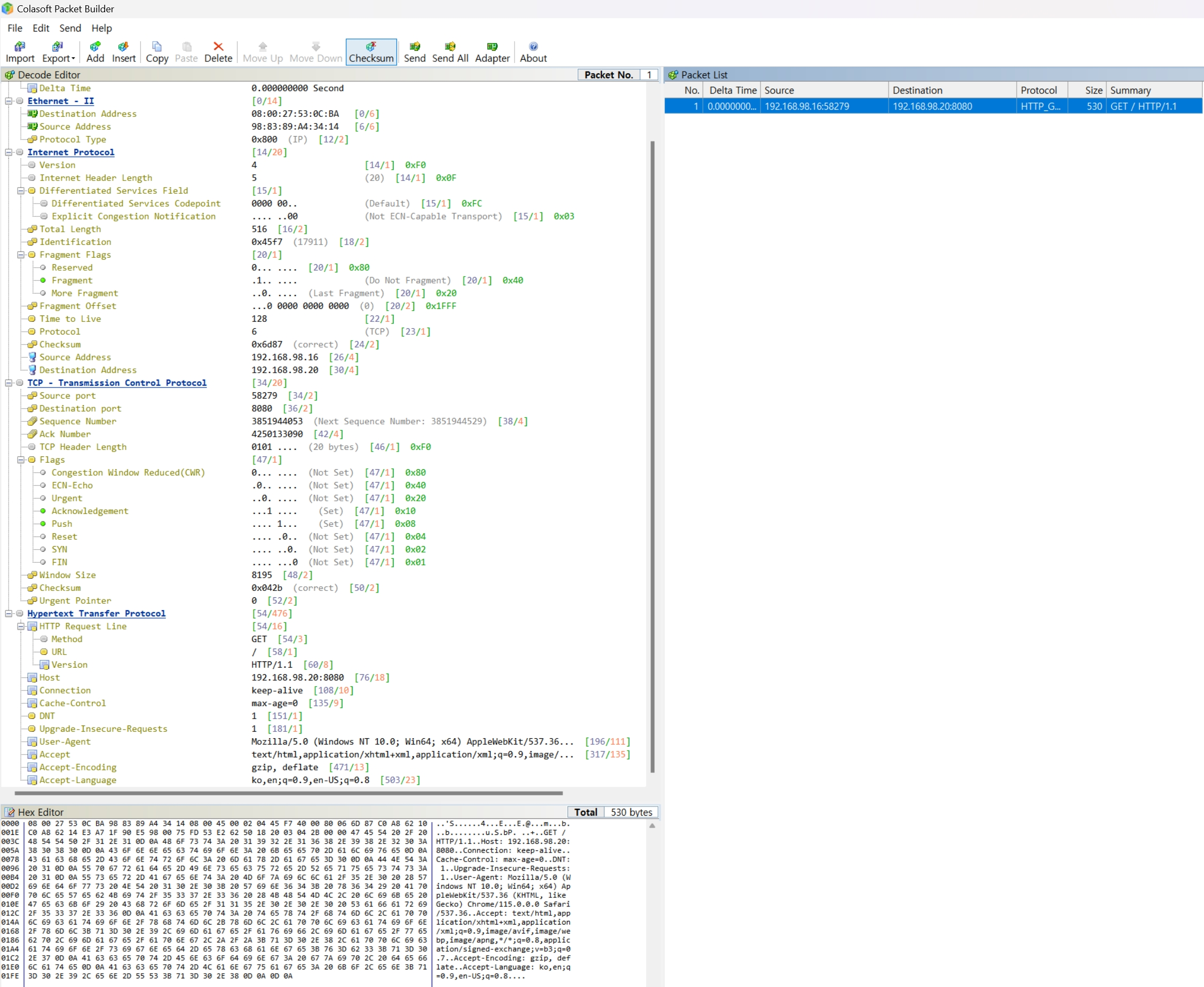 Colasoft Packet Builder - Windows용 패킷 전송툴(snort rule 검증)
